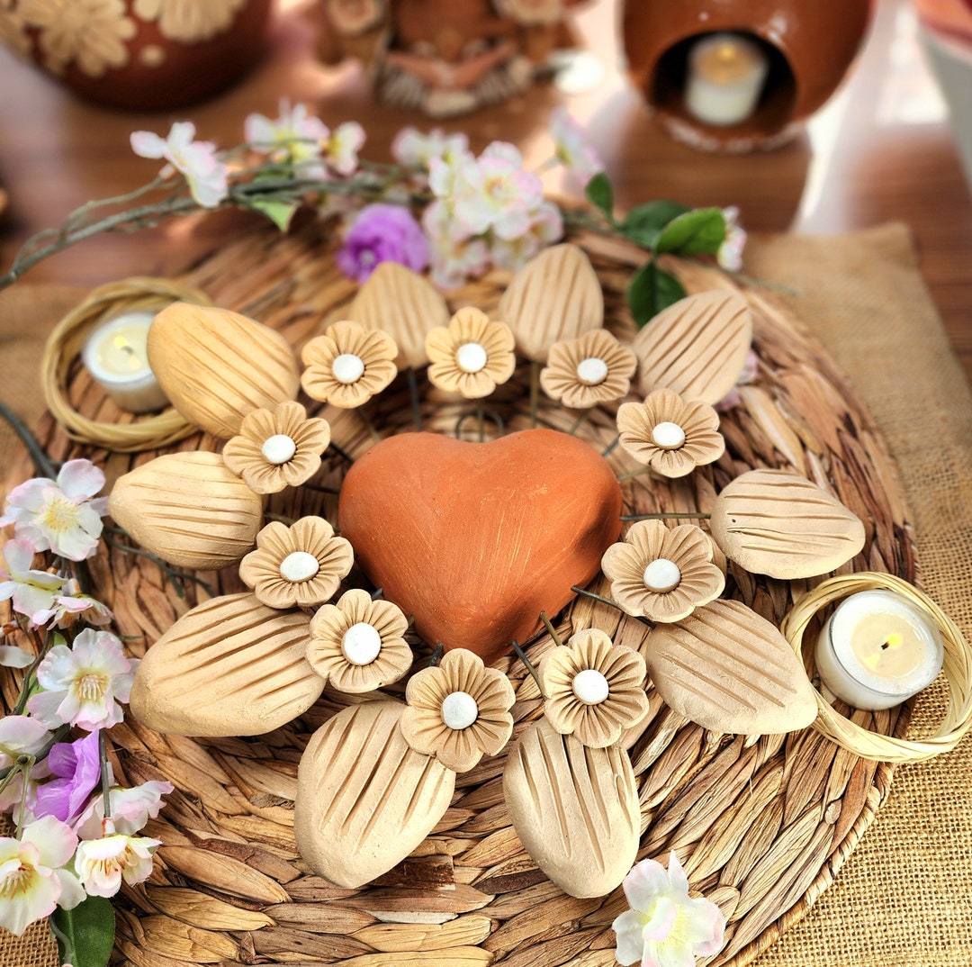 Hand Sculpted Clay Heart Corazón Wall Decor Mexican Flower Embroidery ...
