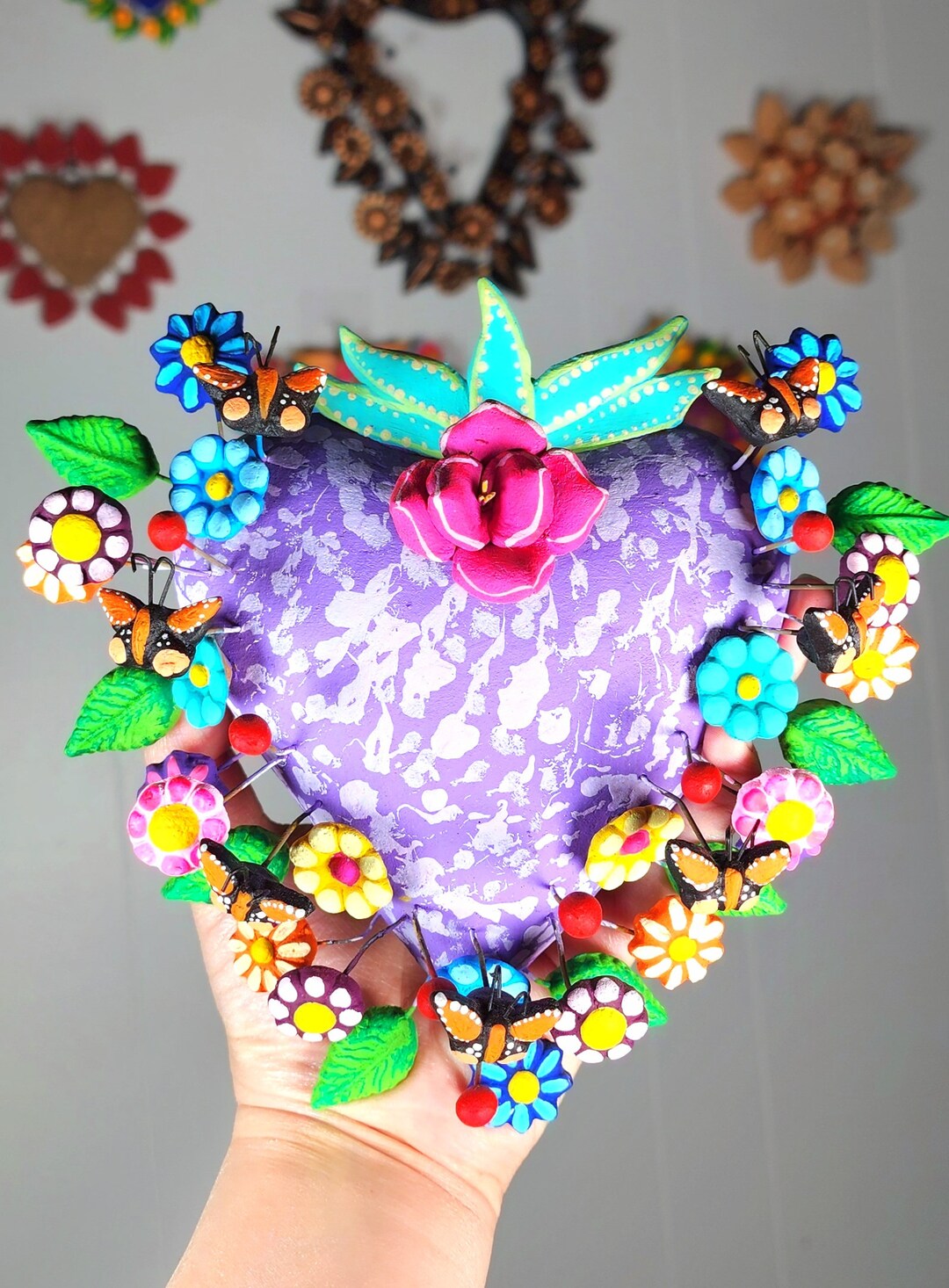 Large Milagrito Heart Clay Corazón 3d Wall Home Decor Mexican Flowers ...