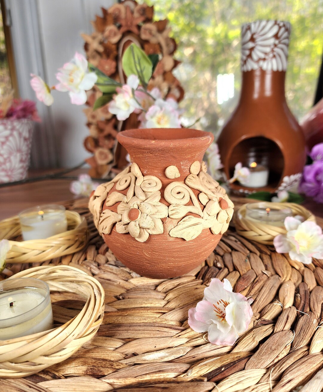 Rustic Hand Sculpted Vase Clay Decor Mexican Flowers Embroidery Pottery ...