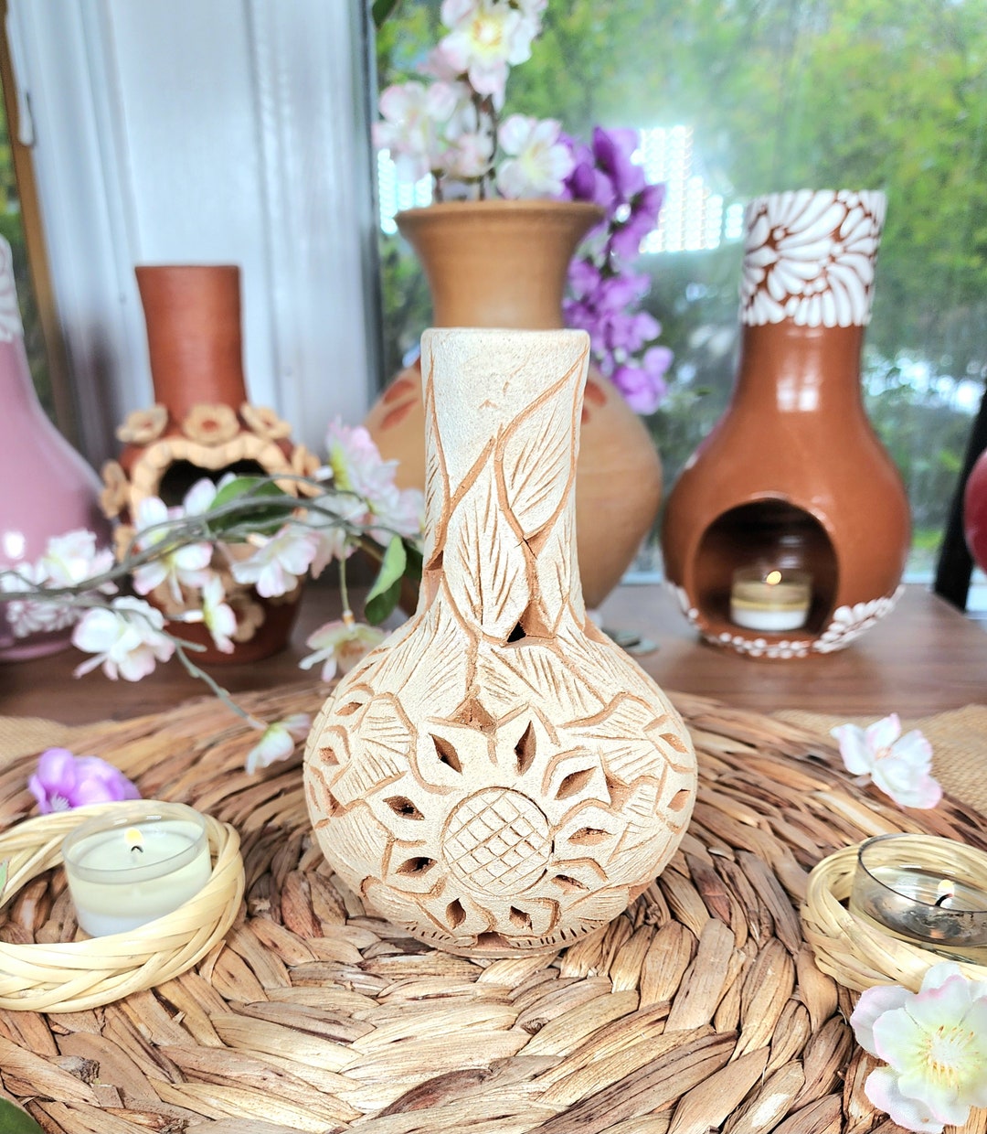 White Clay Vase Decor Mexican Flowers Pottery Barro Calado Home Mother ...