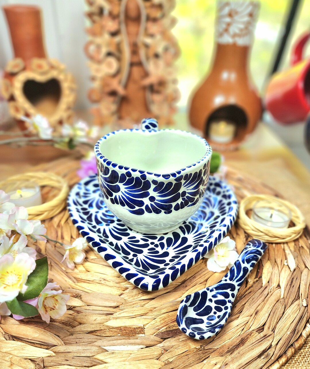 Original Mexican Talavera Heart Mug Blue Set 3 Pieces Handmade Talavera ...