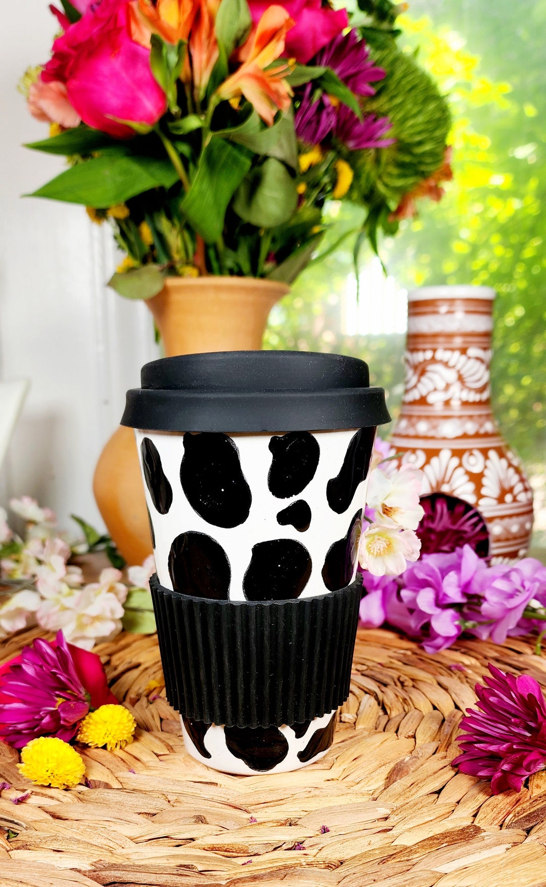 Mexican Talavera Tumbler Cow Vaquita Travel Mug Lid Coffee 450ml Muuu Termo Valentine's Day ...