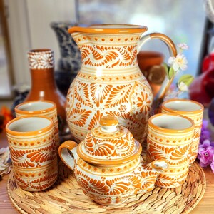 Large Pitcher Set Mexican Talavera 3 Liter 4 Cups Teapot Kettle ...