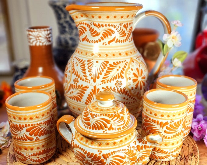 Large Pitcher Set Mexican Talavera 3 Liter 4 Cups Teapot Kettle ...