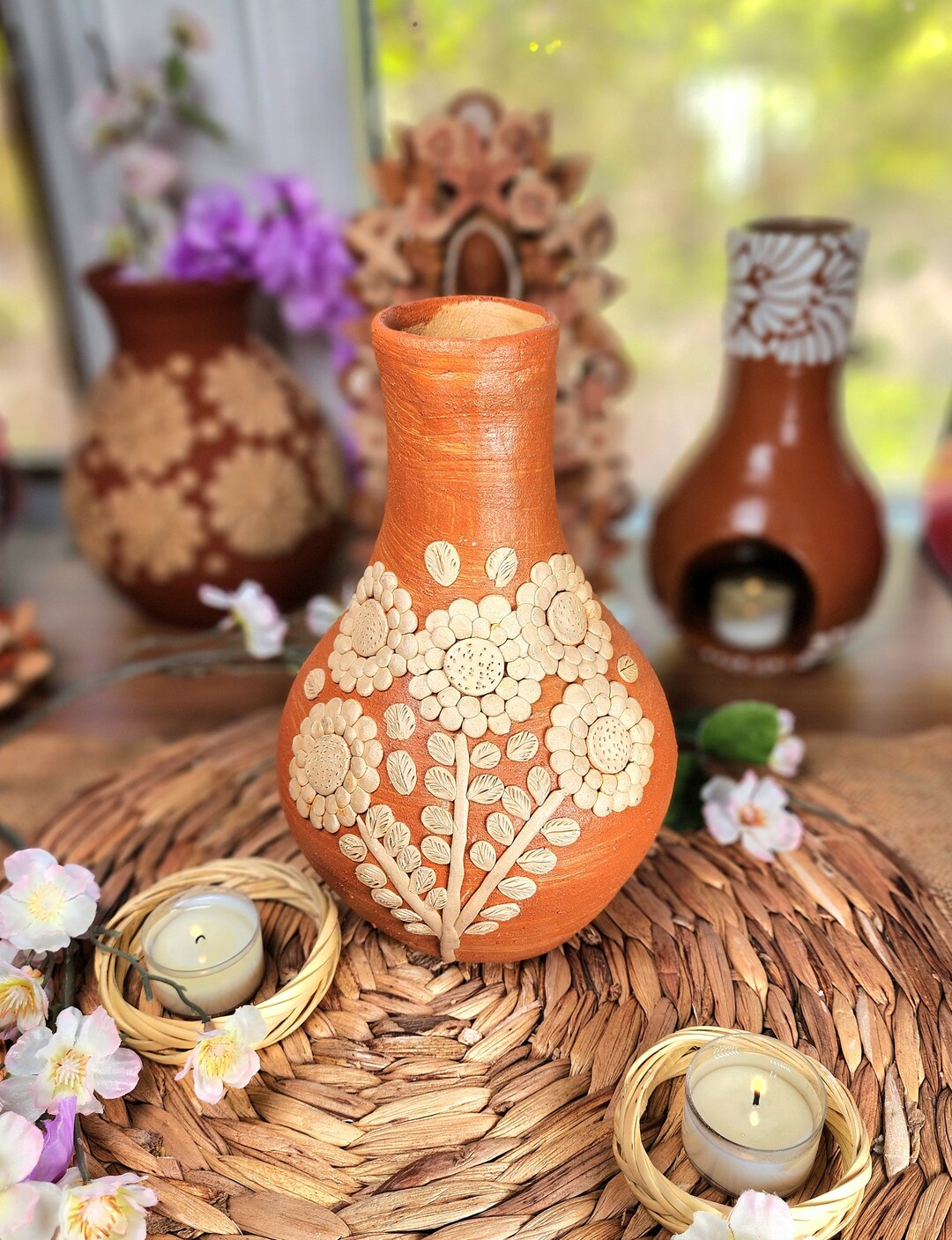 Embroidery Clay Vase Decor Mexican Flowers Bottle Pottery Barro Bordado ...
