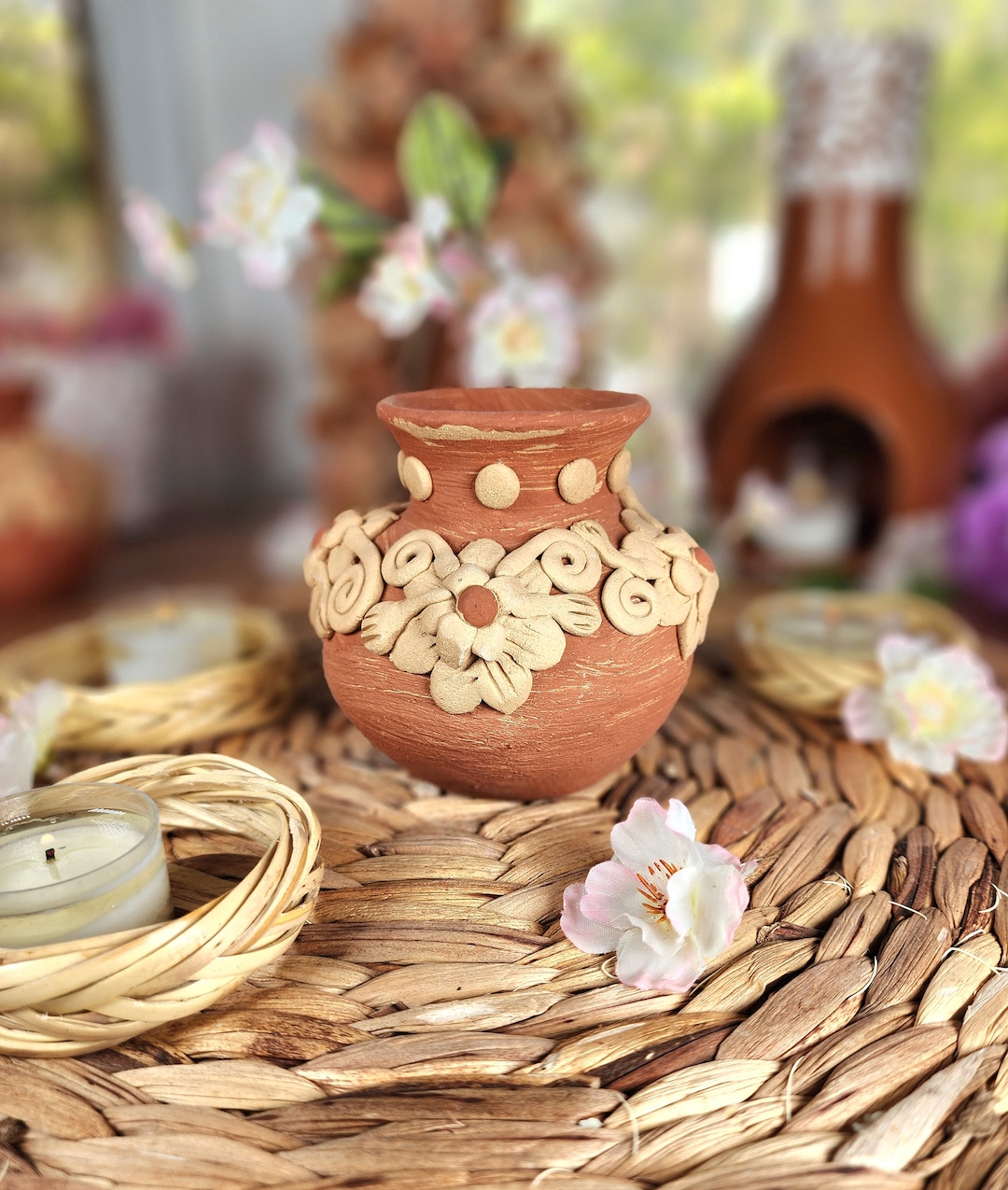 Rustic Hand Sculpted Vase Clay Decor Mexican Flowers Embroidery Pottery ...