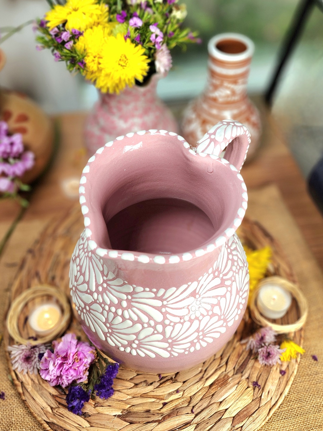 Large Mexican Talavera Heart Pitcher Crepe Pink 3 Liter Handmade Home ...