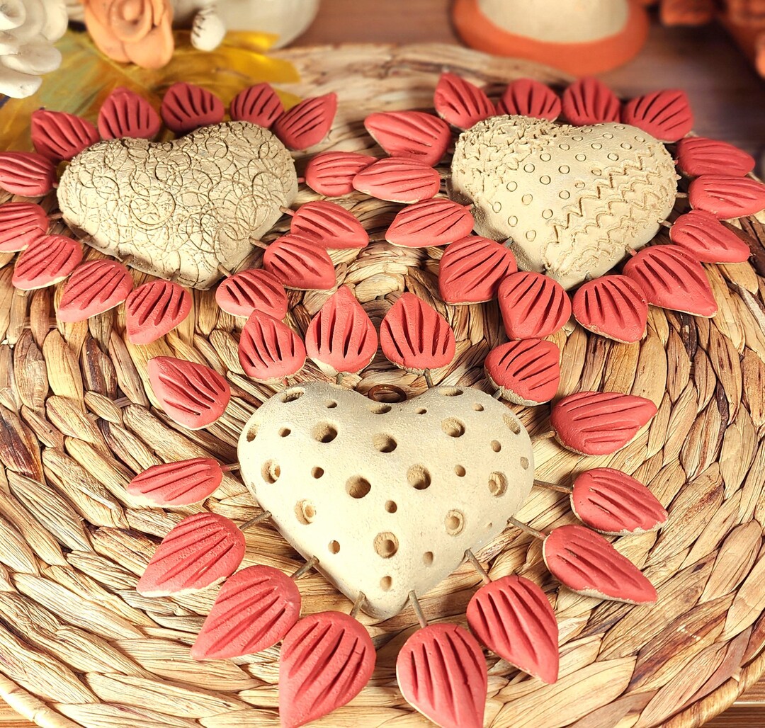 Hand Sculpted Clay Heart 3 Pack Corazón Wall Decor Mexican Embroidery ...