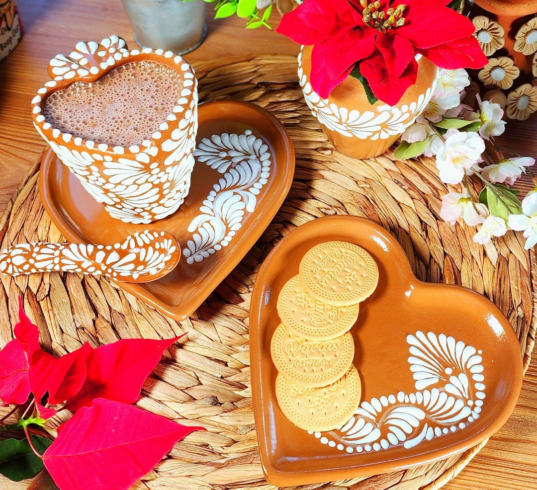 Original Mexican Talavera Heart Coffee Mug Spoon and Plate Set Handmade ...