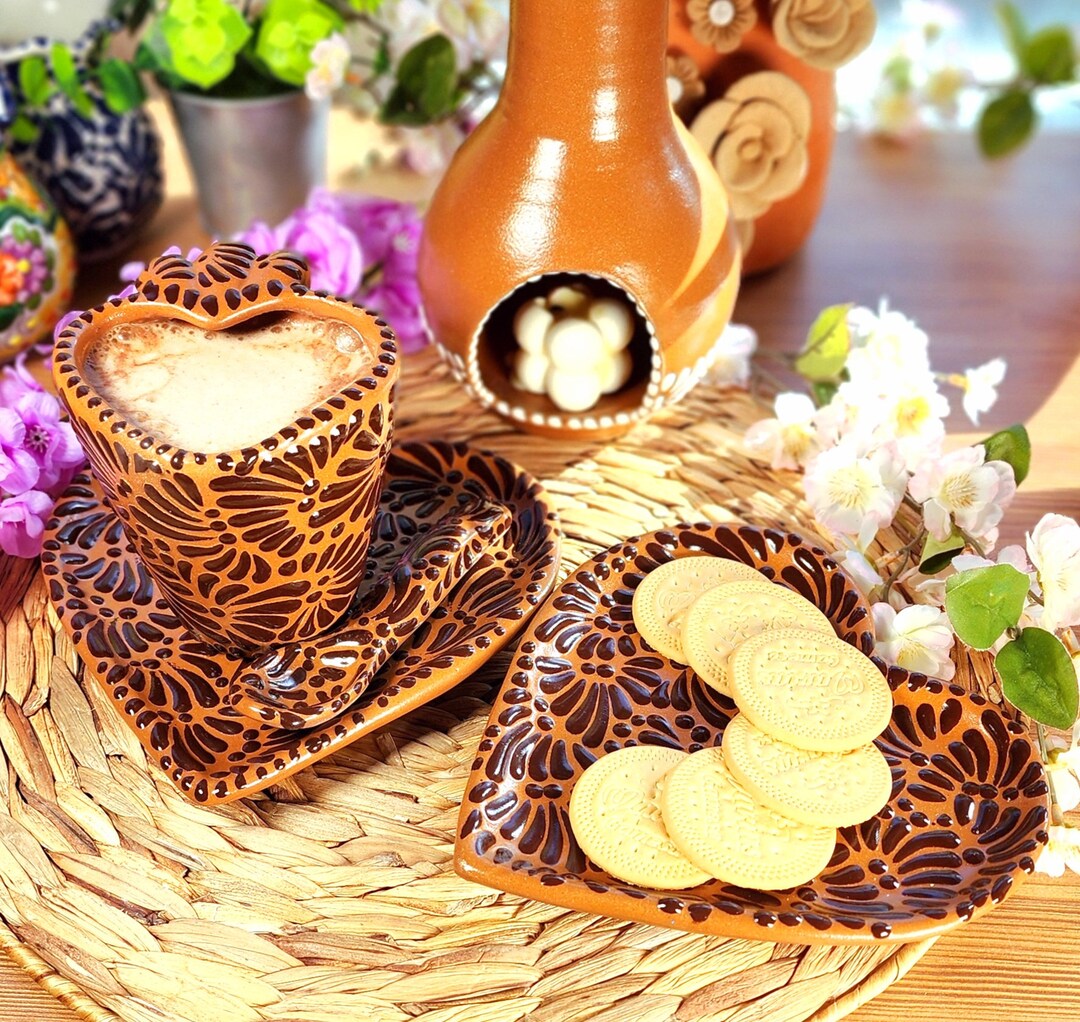 Original Mexican Talavera Heart Mug Brown Set 3 Pieces Handmade ...