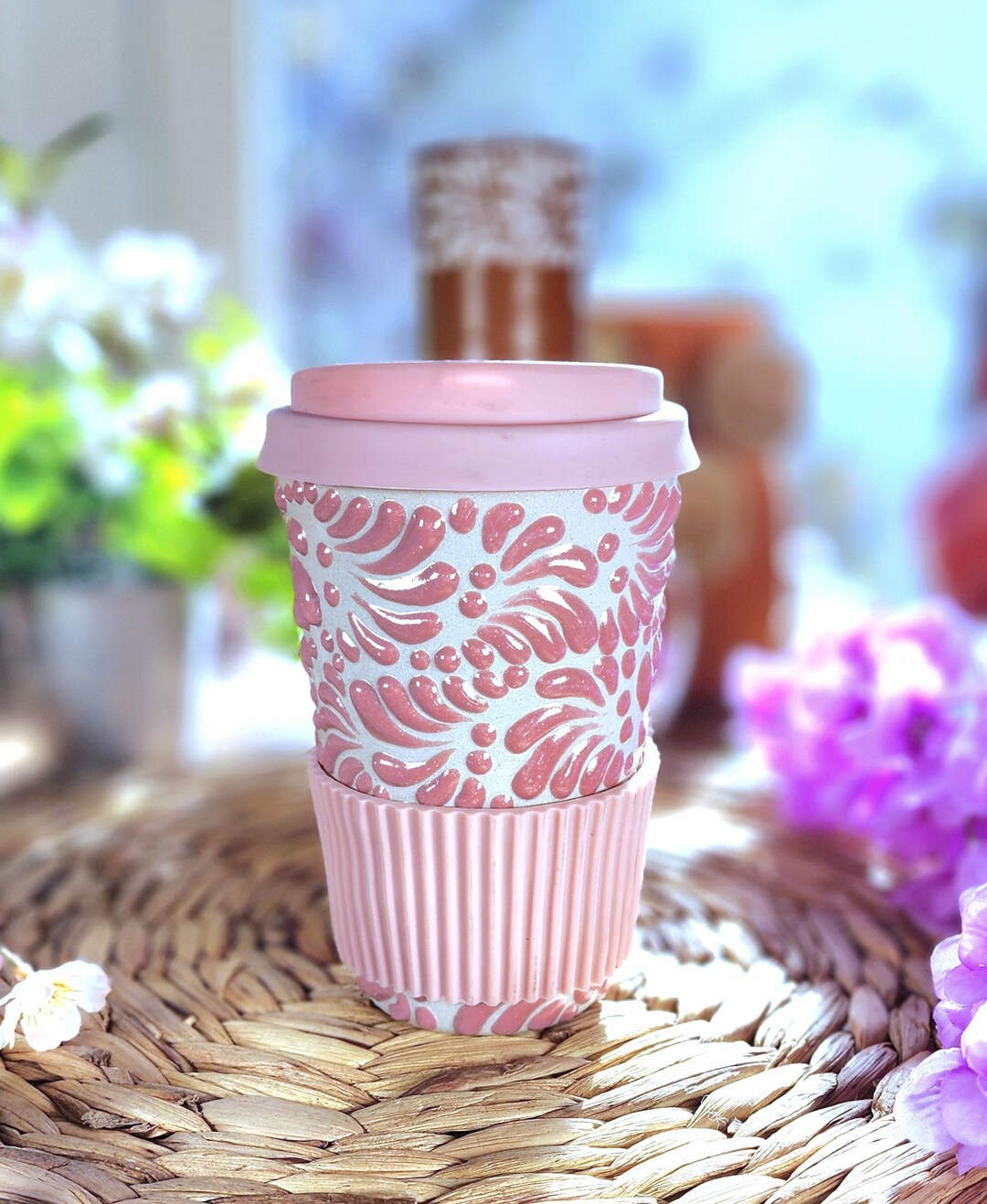 Original Mexican Pink Talavera 3 Pieces Tumbler Cup W Lid Coffee ...