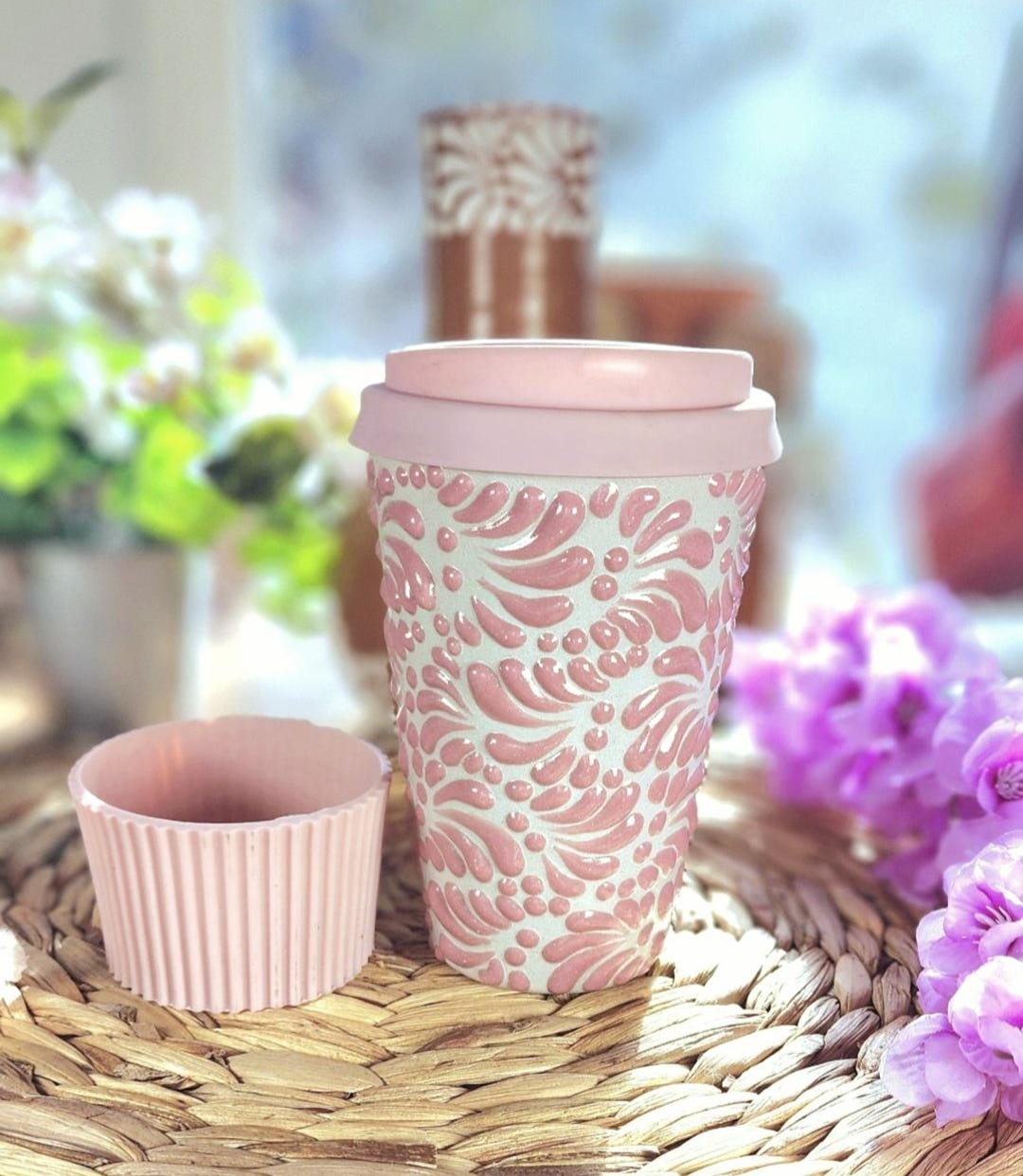 Original Mexican Pink Talavera 3 Pieces Tumbler Cup W Lid Coffee ...