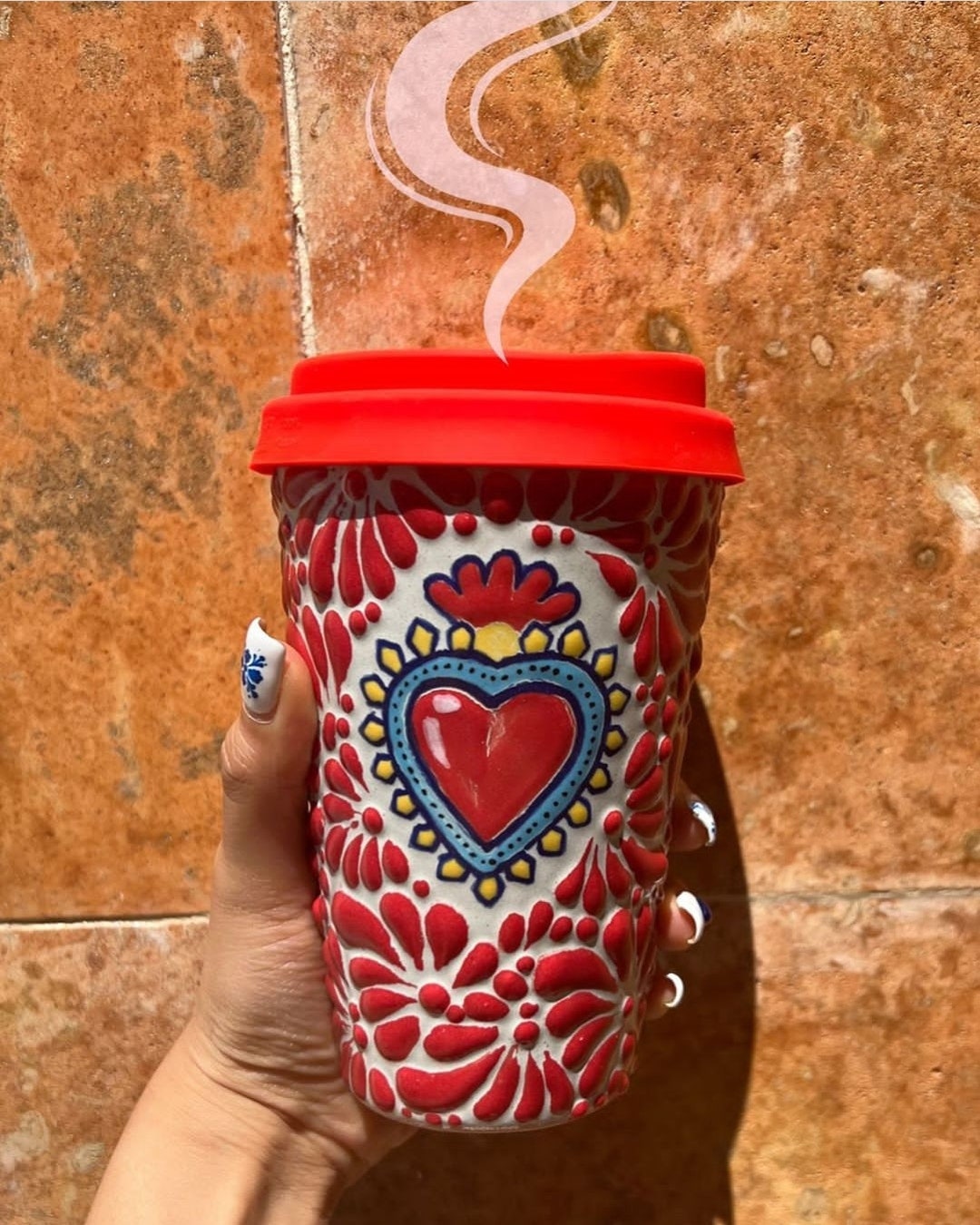 Original Mexican Talavera Heart Butterfly Cup W Lid Coffee Chocolate ...