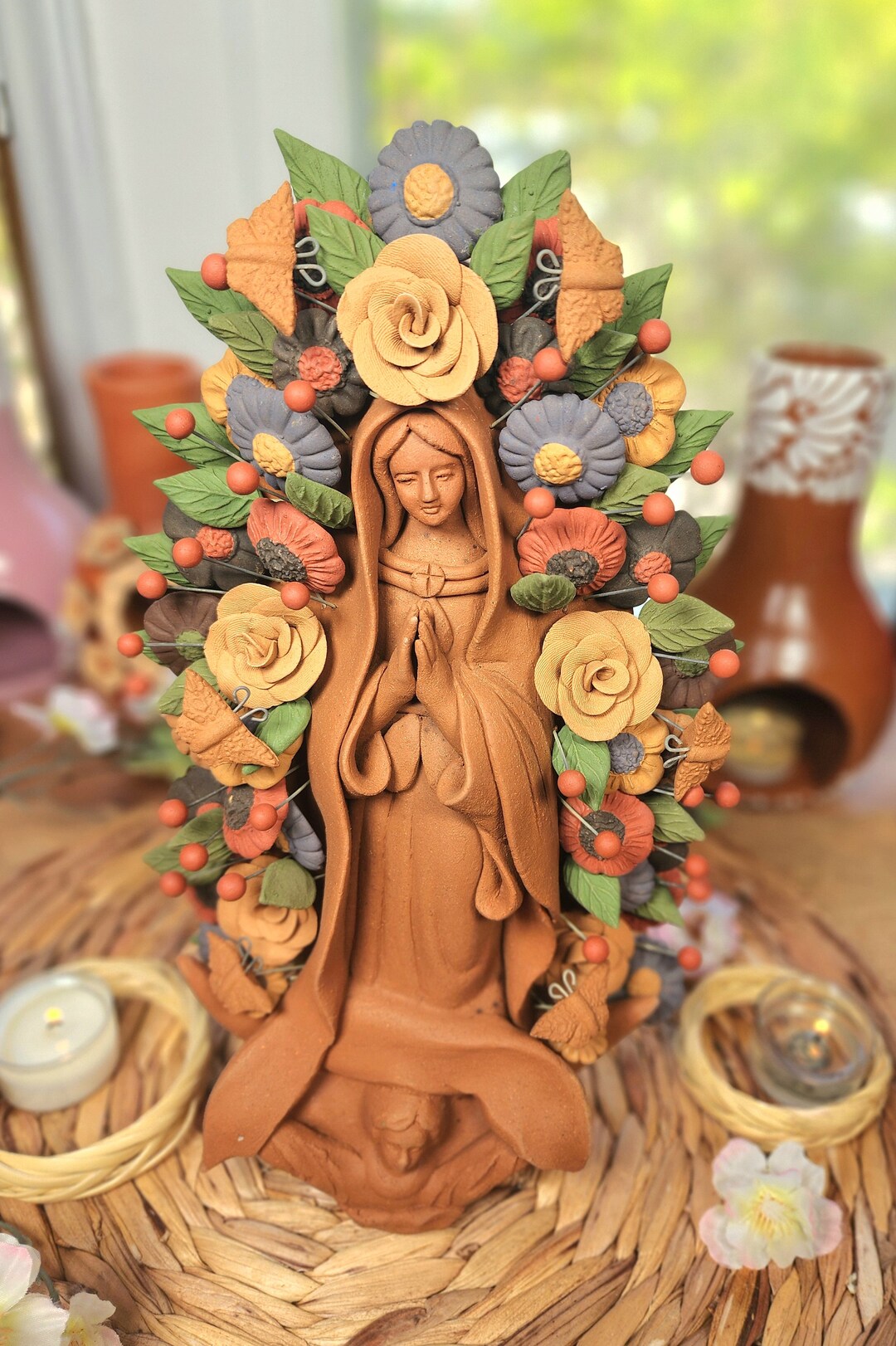 Unique Embroidery Clay Virgen Handmade Handpainted 30cm Tall Mexican ...