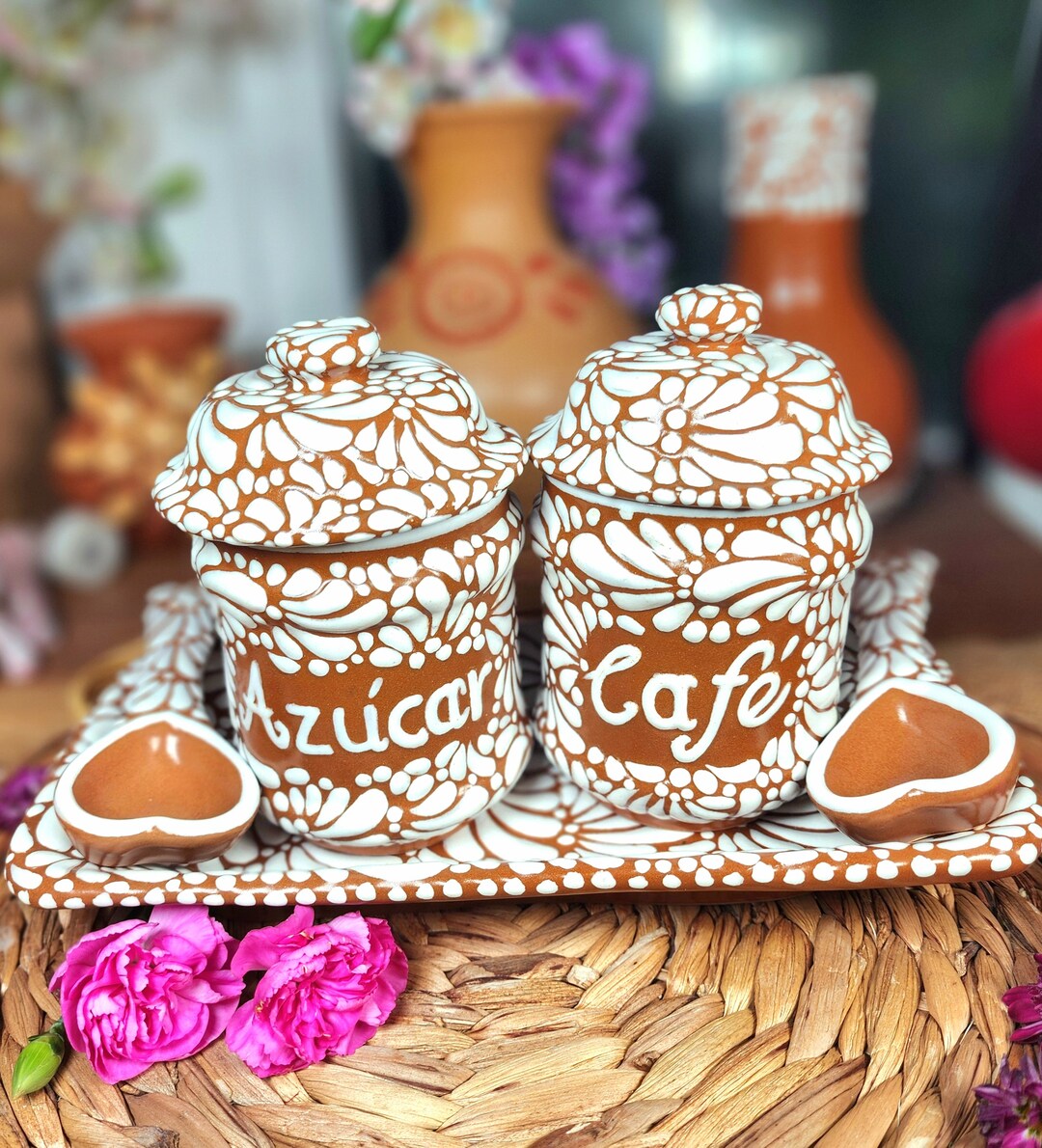 Original Mexican Talavera Coffe Set Sugar Heart Spoon Handmade ...