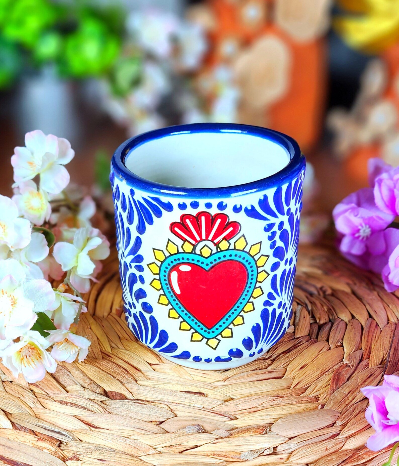 Original Mexican Talavera Heart Butterfly Cup W Lid Coffee Chocolate ...
