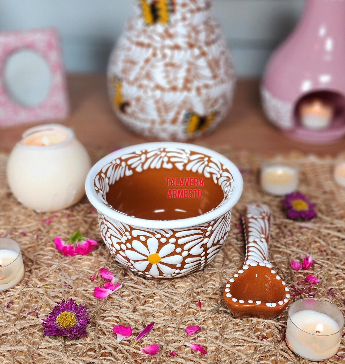 Mexican Talavera Daisy Salsa Holder W HEART Spoon LIMITED EDITION ...