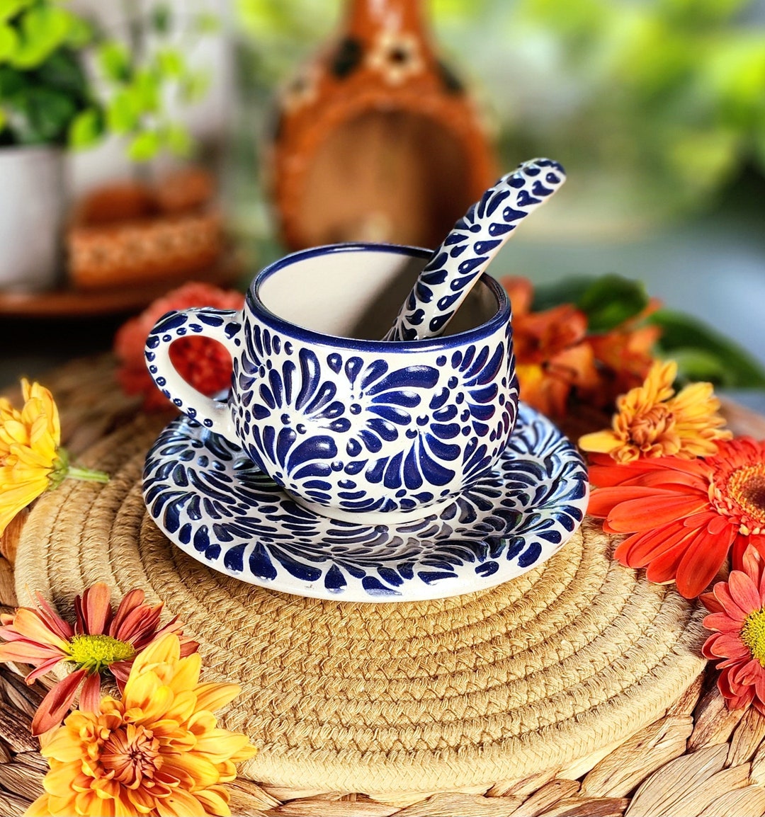 Original Mexican Talavera Blue White Coffee Mug Spoon and Plate Set ...