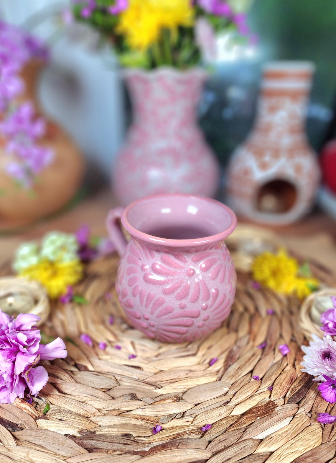 Mexican Talavera Pink Crepe Coffee Mug Tradicional Cantarito Jarrito ...