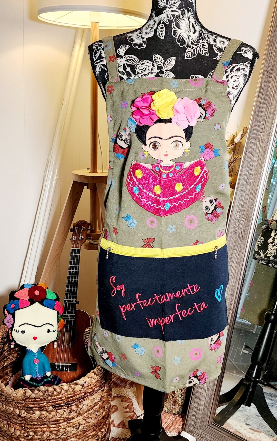 Apron Frida Kahlo Embroidery 3d Glitter Gift Adult Mexican Green ...