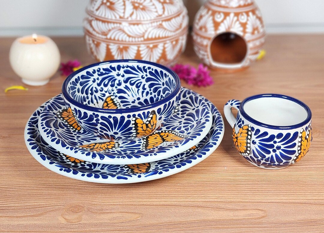 Mexican Talavera 4piece Dinnerware Set for One Blue Butterfly Barro ...