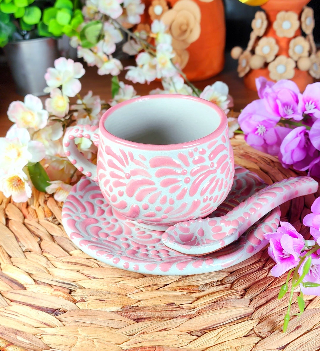 Original Mexican Talavera Pink Coffee Mug Spoon and Plate Set Handmade ...