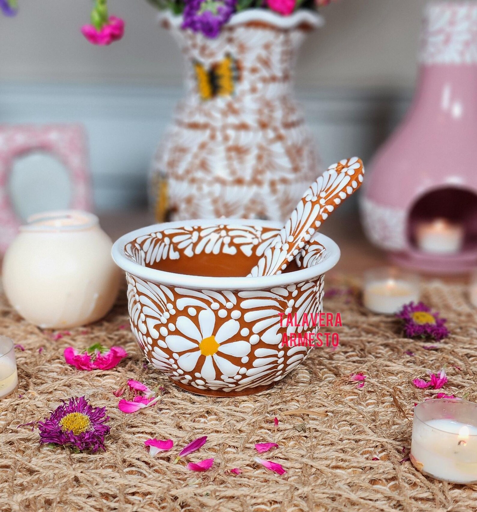 Mexican Talavera Daisy Salsa Holder W HEART Spoon LIMITED EDITION ...