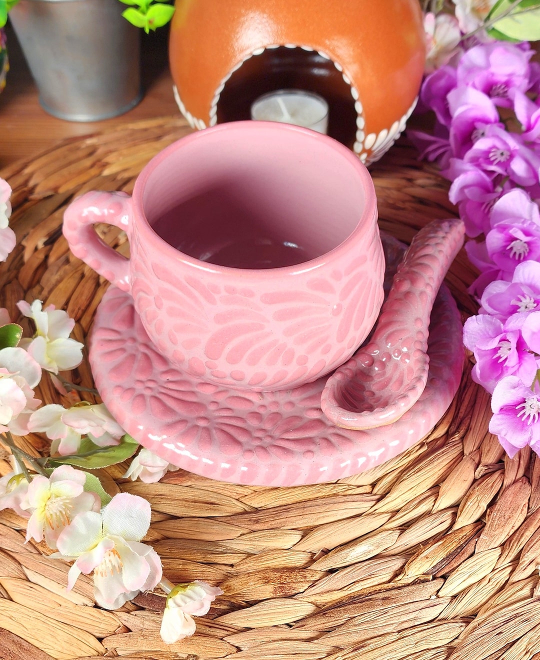 Original Mexican Talavera Pink Coffee Mug 8oz Spoon and Plate Set ...