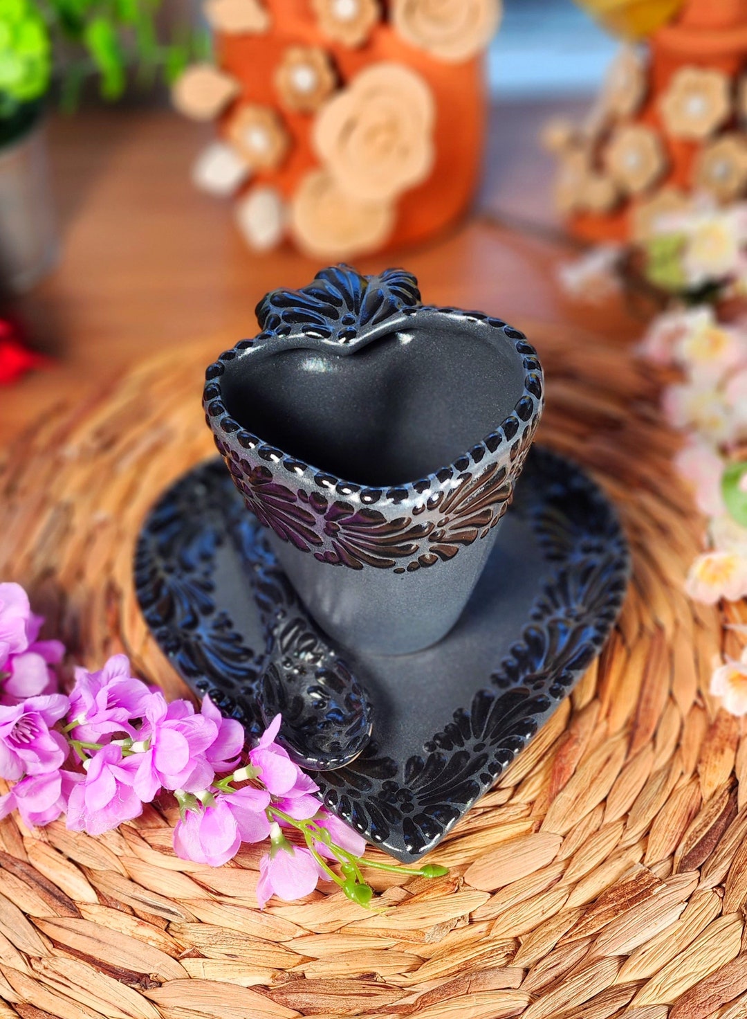 Original Mexican Talavera Heart Coffee Mug Spoon and Plate Set Handmade ...