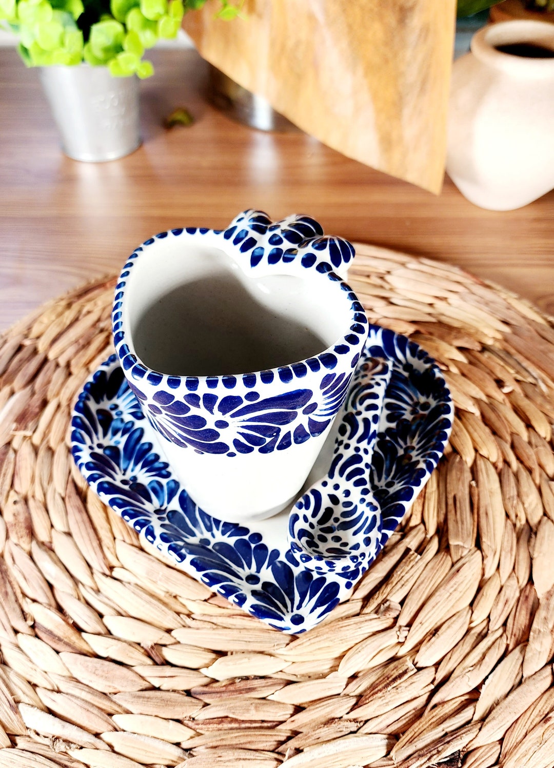 Original Mexican Talavera Heart Coffee Mug Spoon and Plate Set Handmade ...