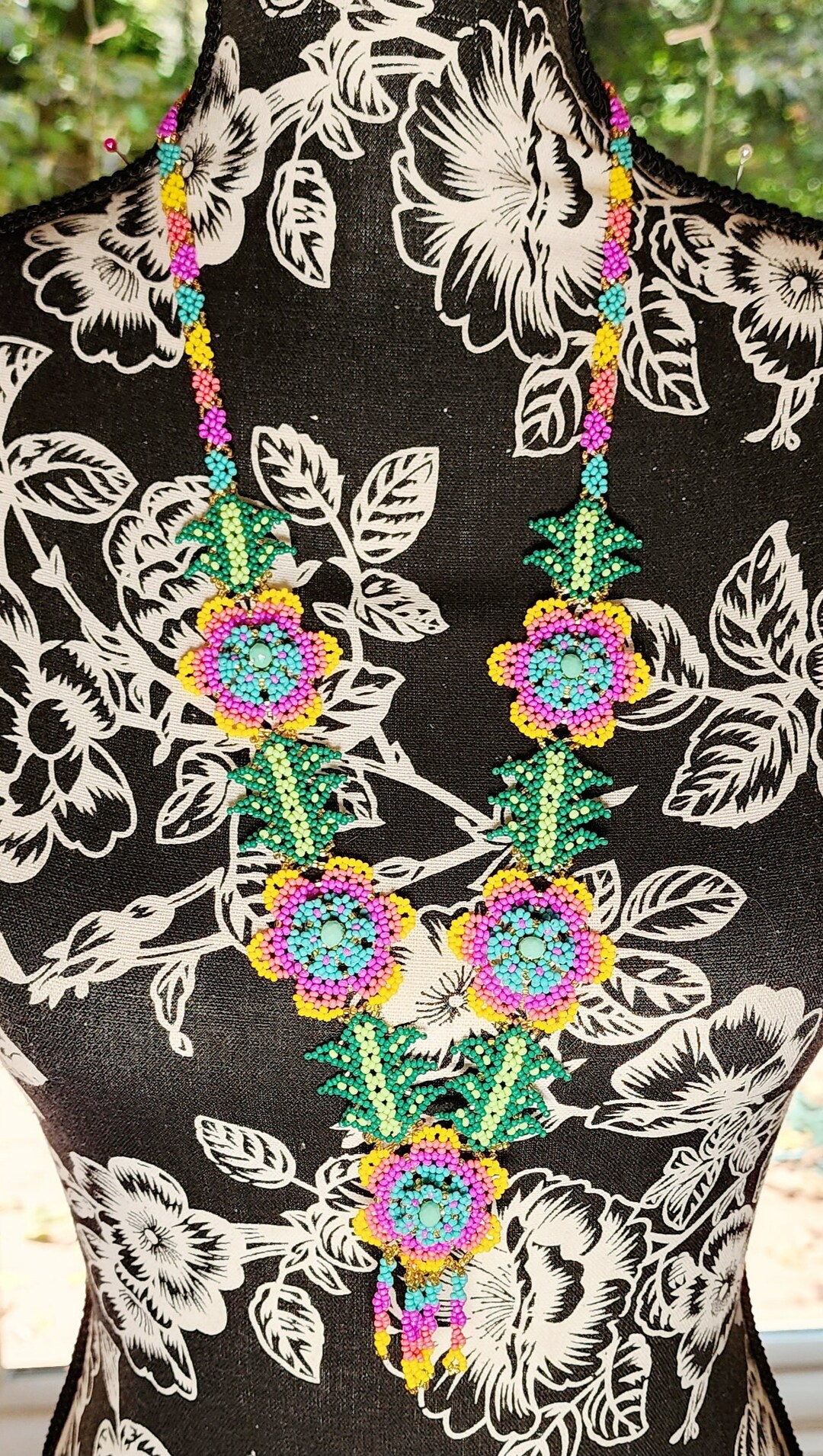 Huichol Art Beads Handmade Mexican Necklace Long Jewelry Flowers Collar ...