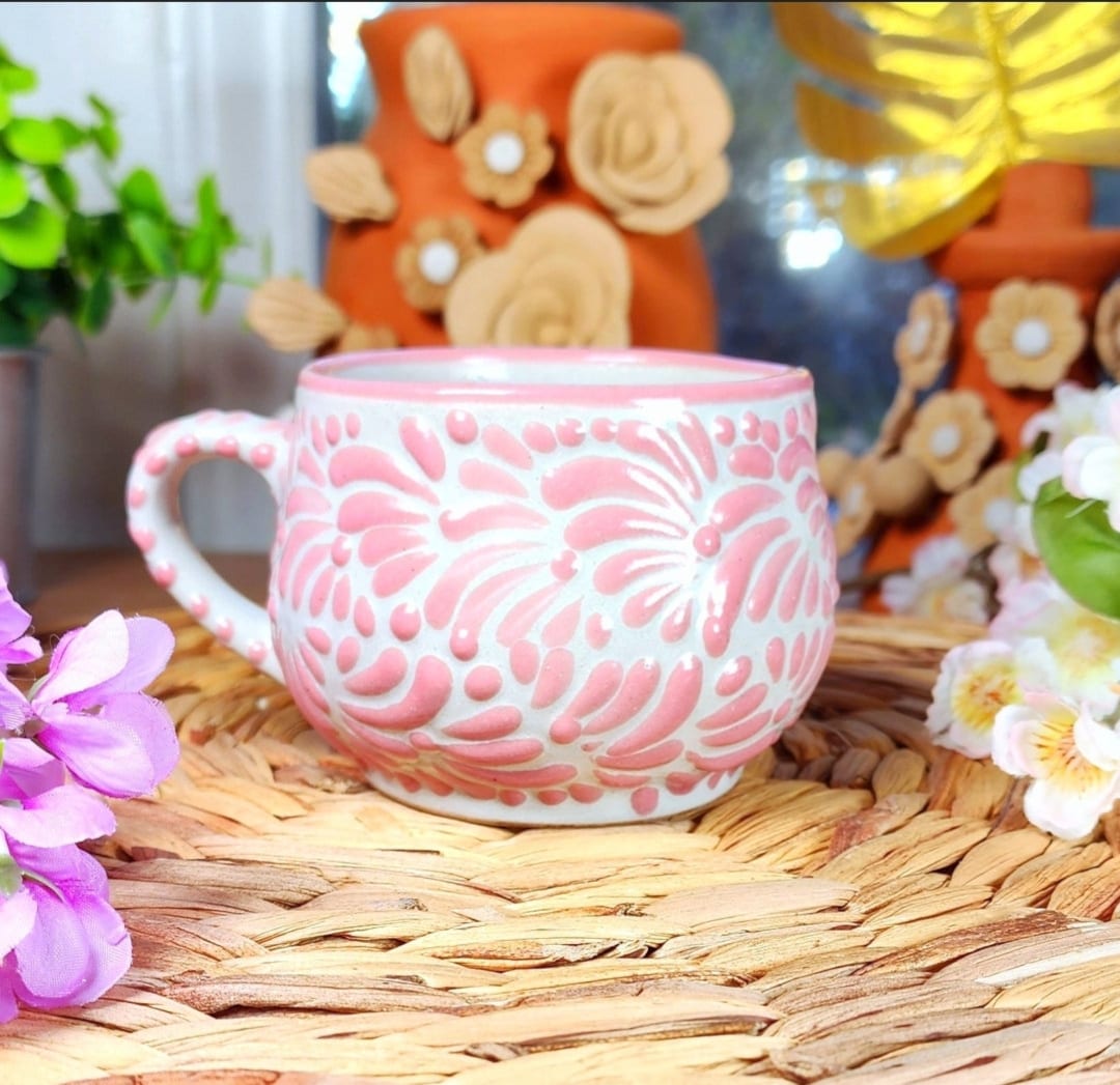 Original Mexican Talavera Pink White Coffee Mug 8ozhandmade Handpainted ...