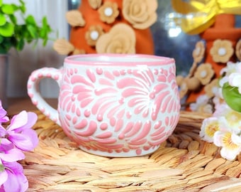 Mexican Talavera Pink Crepe Coffee Mug Tradicional Cantarito Jarrito ...