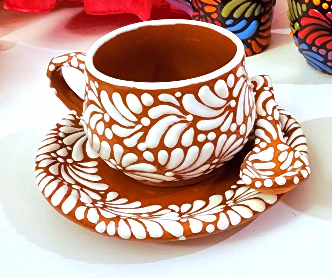 Original Mexican Talavera Chocolate Coffee Mug Spoon and Plate Set ...