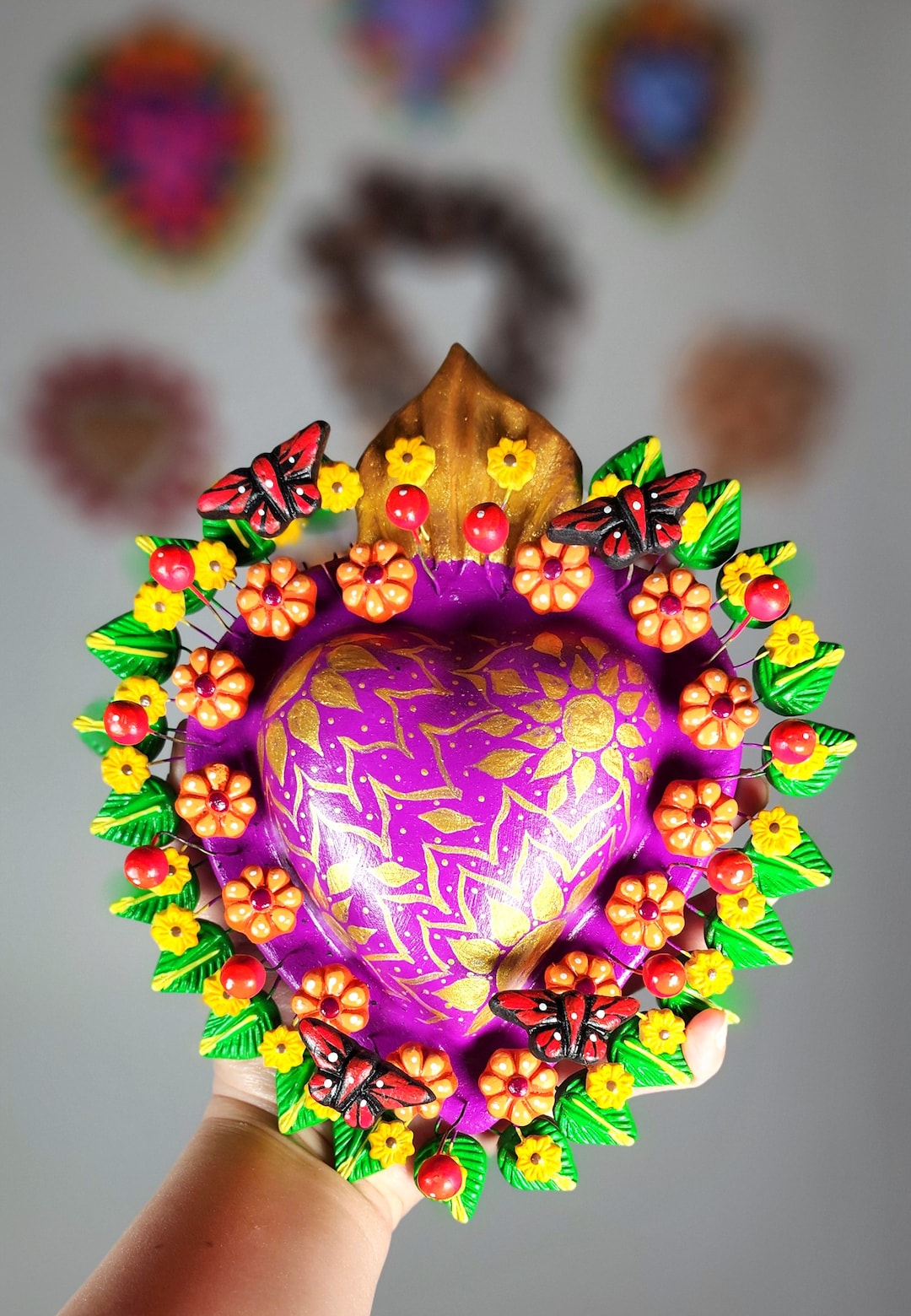 Large Milagrito Heart Clay Corazón 3d Wall Home Decor Mexican Flowers ...