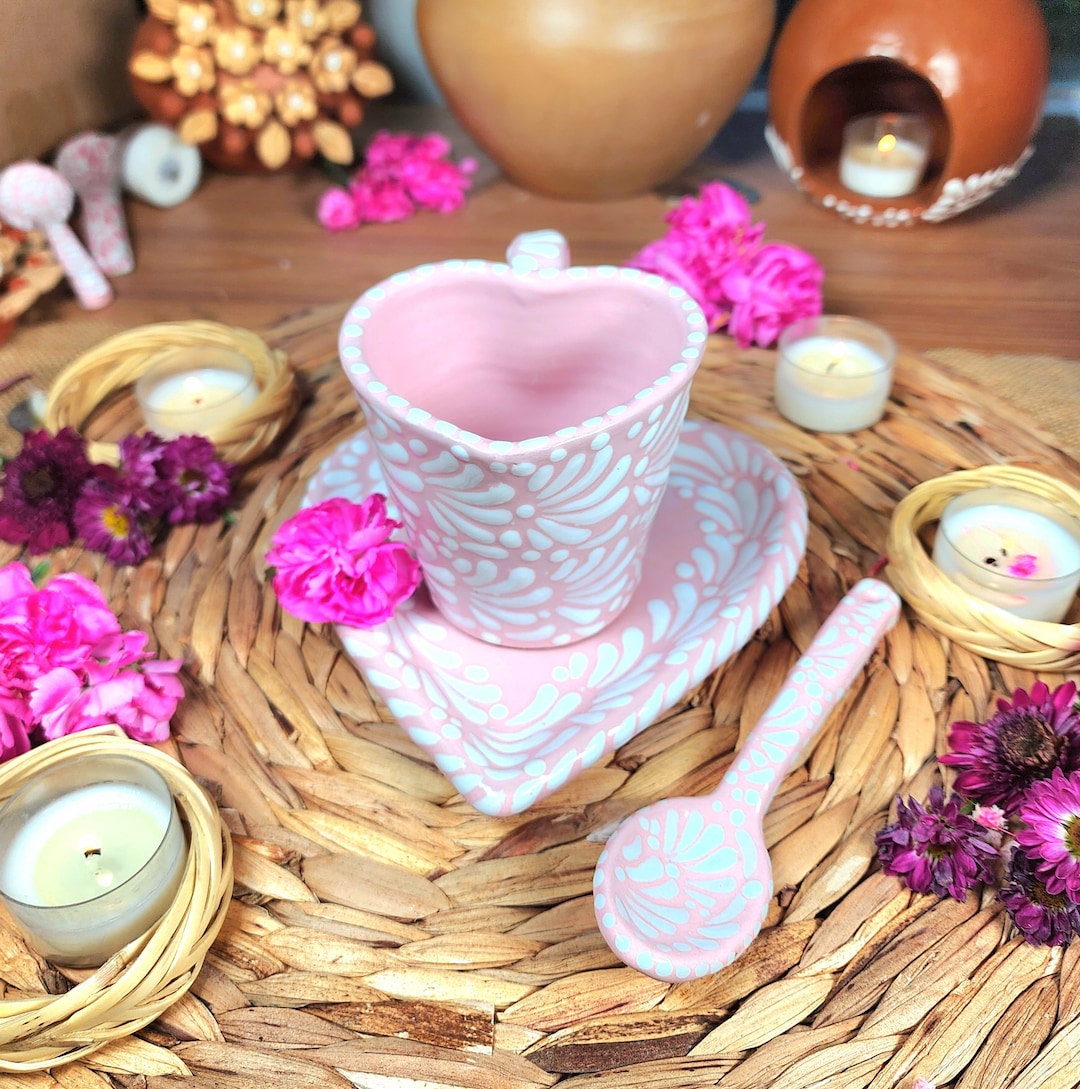 Mexican Pink Talavera Heart Mug Coffee Set ESPRESSO 200ml Mug Handmade ...