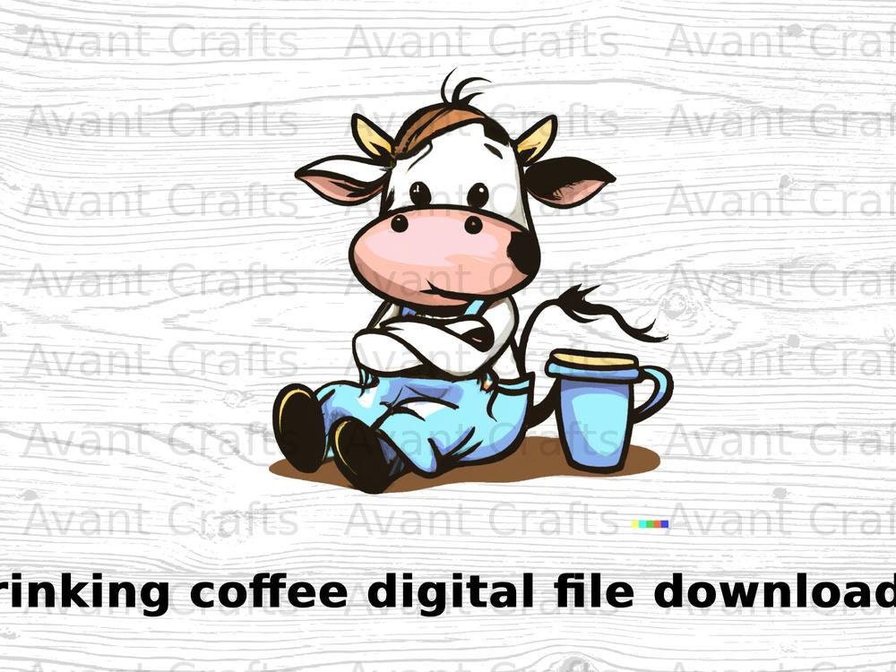 Cartoon Cow Drinking Coffee Digital File Download Jpeg, Png, Pdf - Etsy