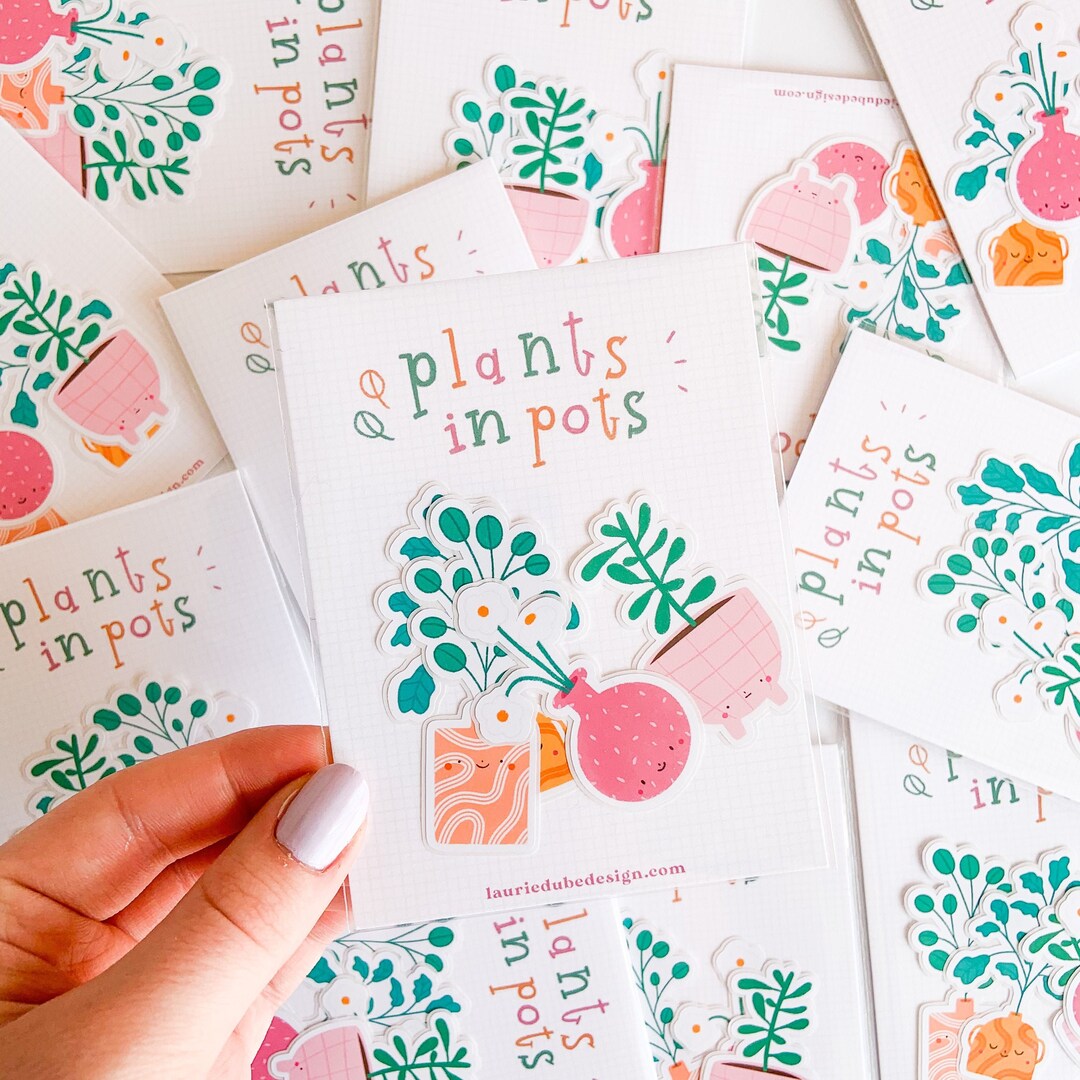 Cute Plants in Pots Sticker Pack - 4 Die Cut Botanical Sticker Flakes ...