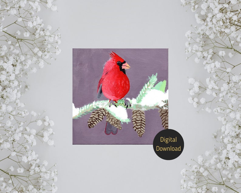 Winter Cardinal Snow Acrylic Painting, Instant Digital Download ...