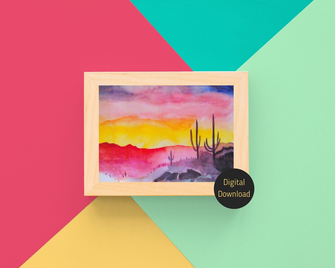 Phoenix Arizona Sunset Watercolor Painting, Desert Cactus Landscape ...