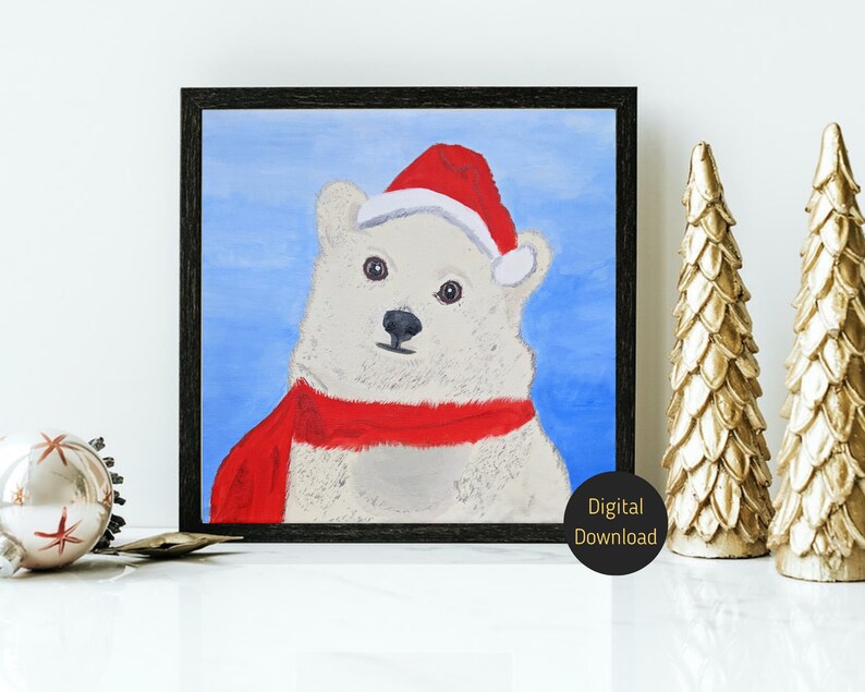 Christmas Polar Bear Santa Hat Wall Art, Holiday Decor (digital ...