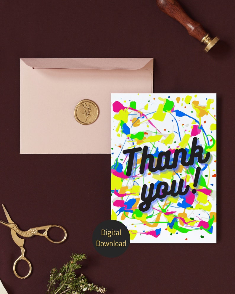 Thank You Neon Splatter Paint Card, 5x7 Inches, Instant Download, 1 JPG ...