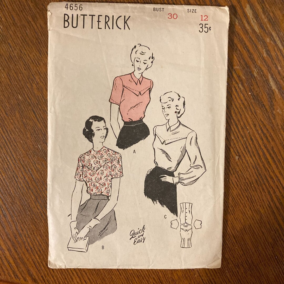 Vintage 40s BUTTERICK Pattern 4656 Quick Easy Blouse Unprinted 30" Bust ...