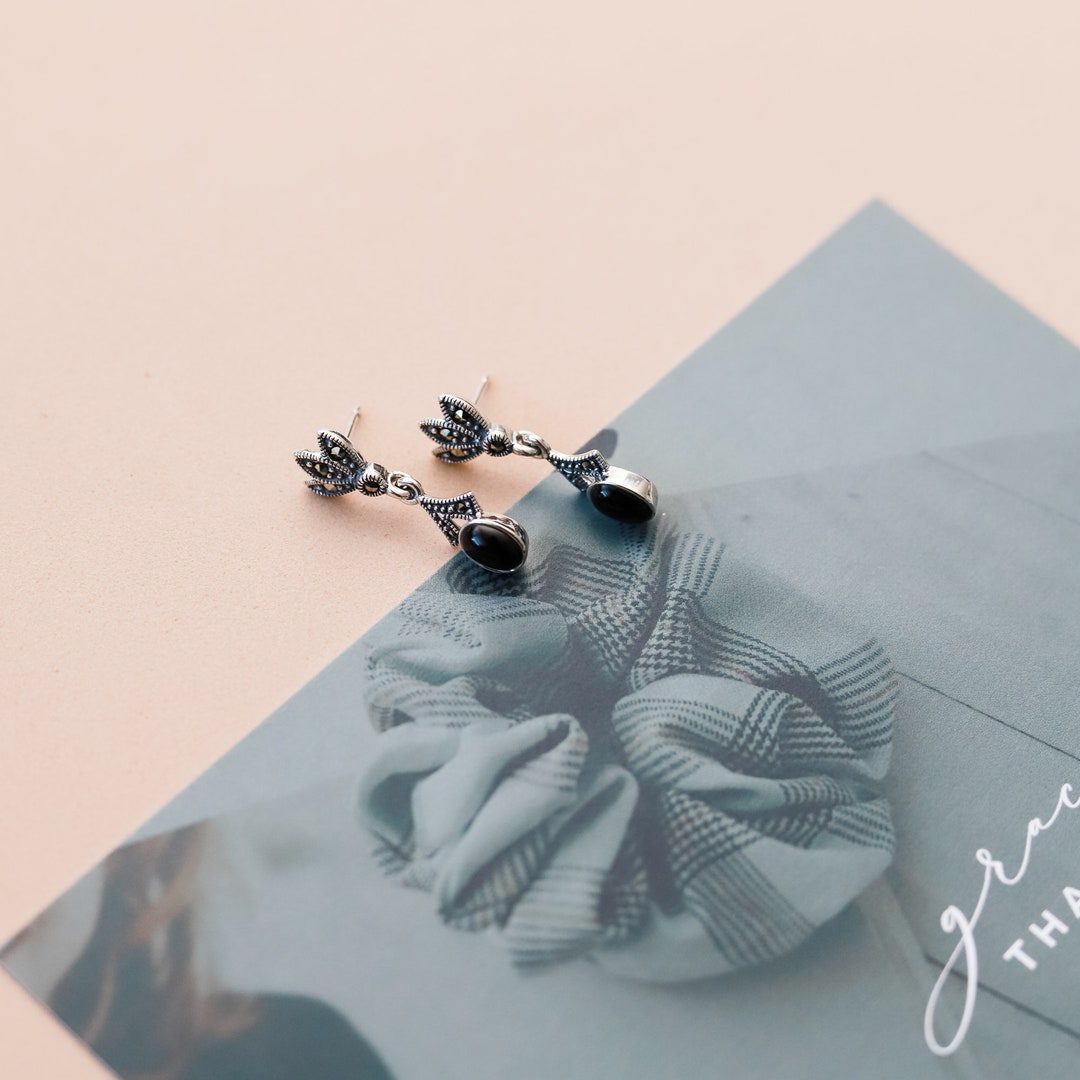 925 Sterling Silver Daria Black Leaf Onyx Bali Drop Earrings - Etsy