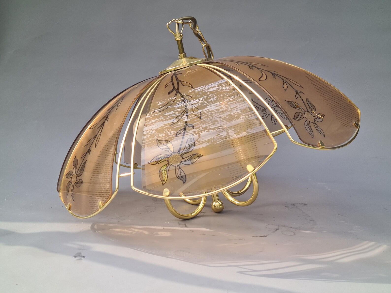 Brown Glass Pendant Light With Gold Accents Single Bulb, Octagon Panels ...