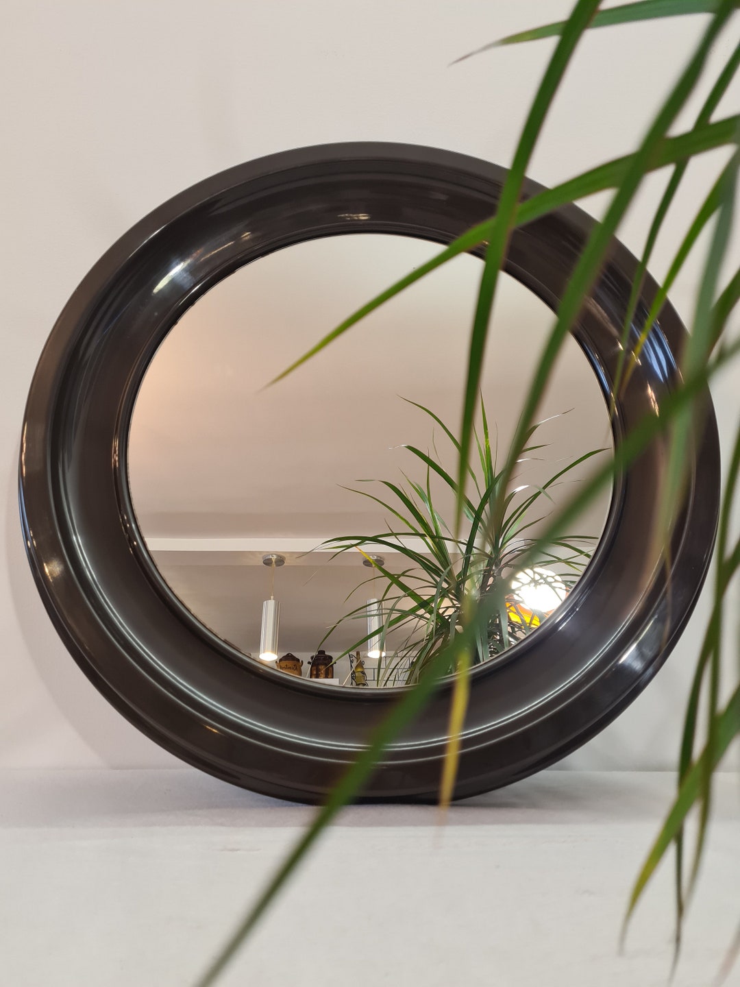 Retro Round Mirror in Brown Plastic Frame 1970 Pejal Ljubljana Design ...