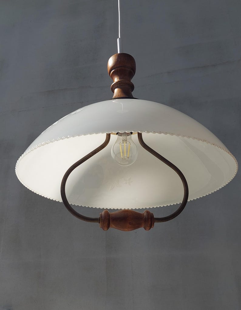 Vintage Opaline Glass Pendant Light With Wooden Details – Mid Century ...