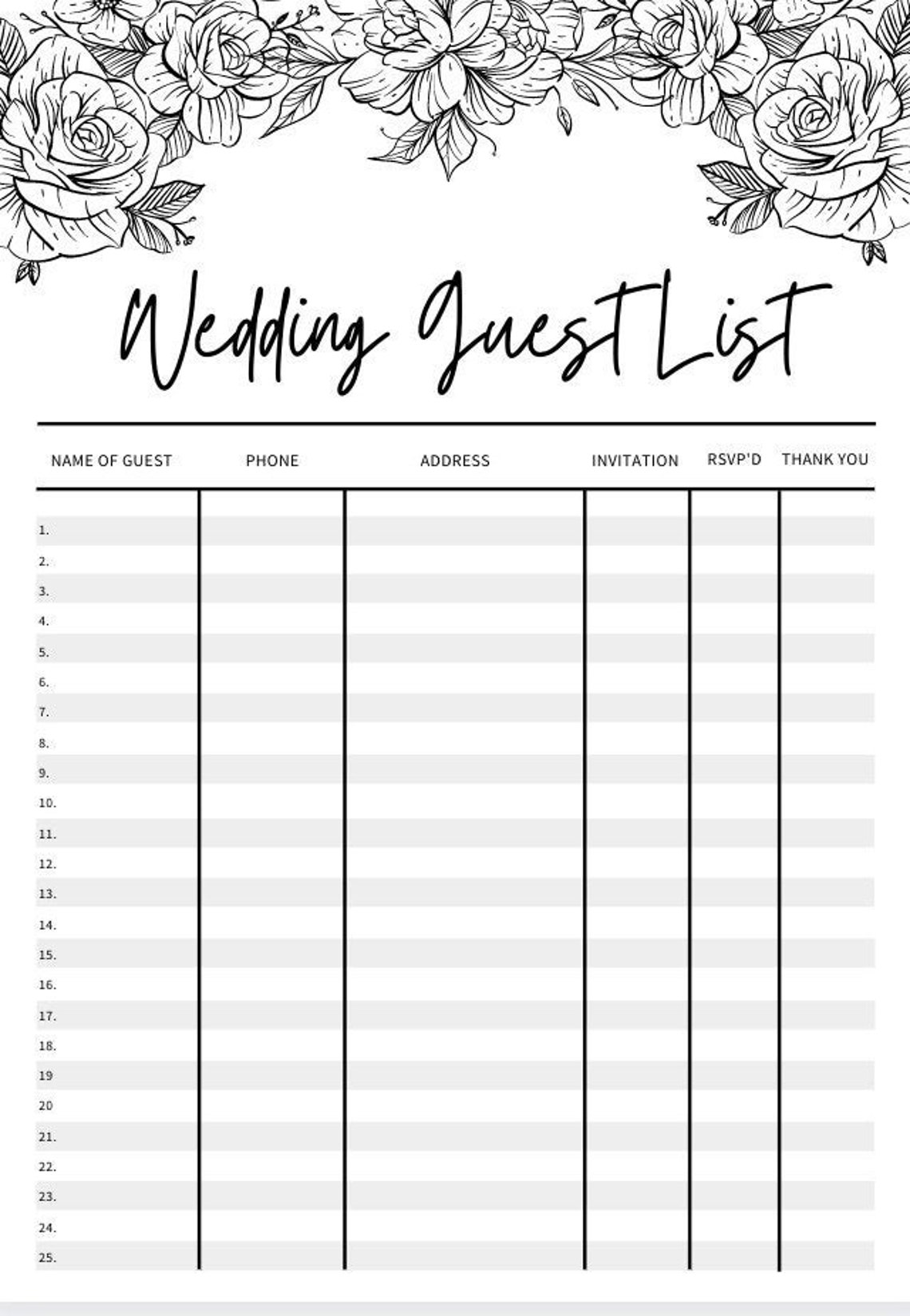 Liste d'invités imprimable de mariage noir et blanc - Etsy France