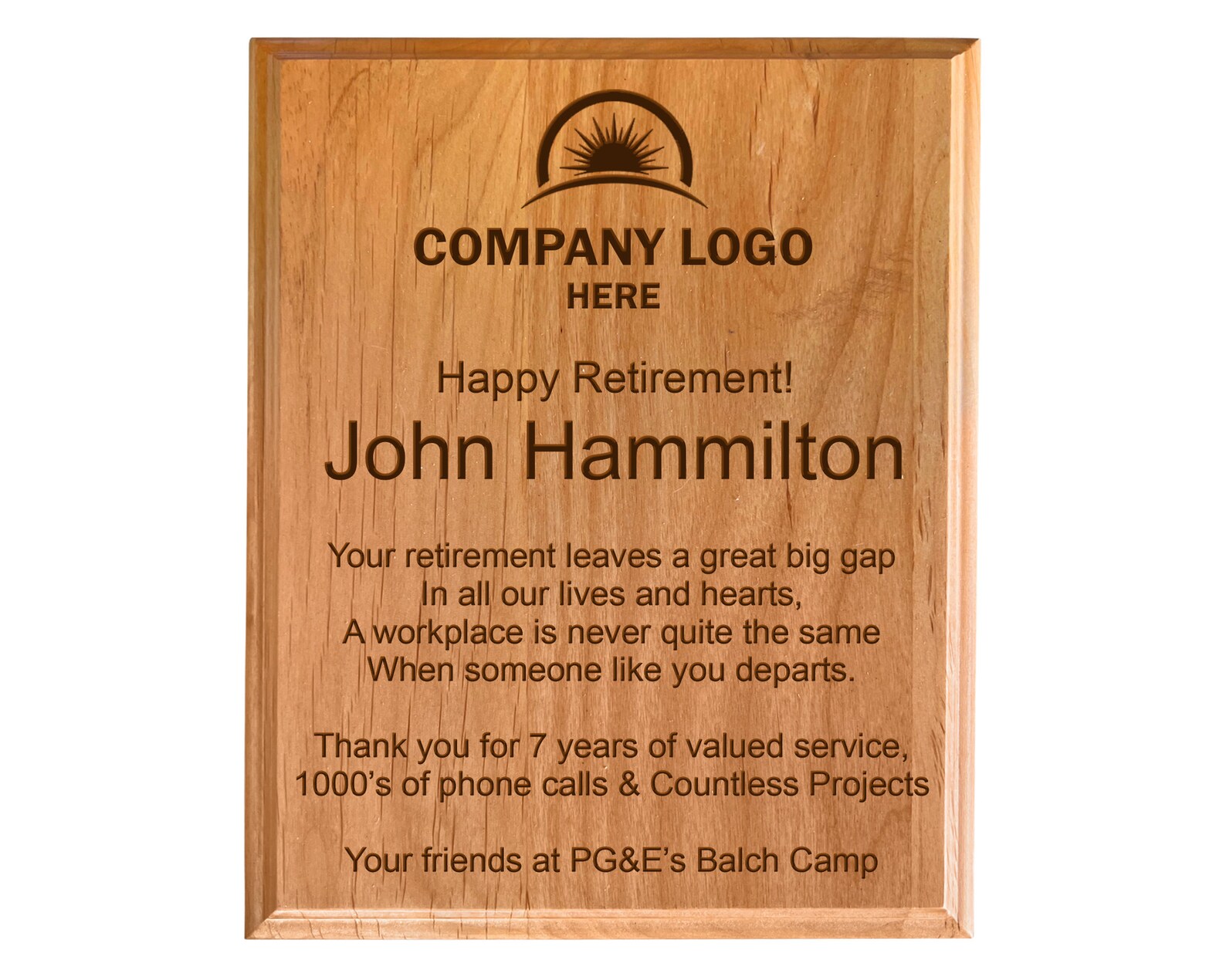 Customized Red Alder Retirement Plaque, Wooden Corporate Achievement ...