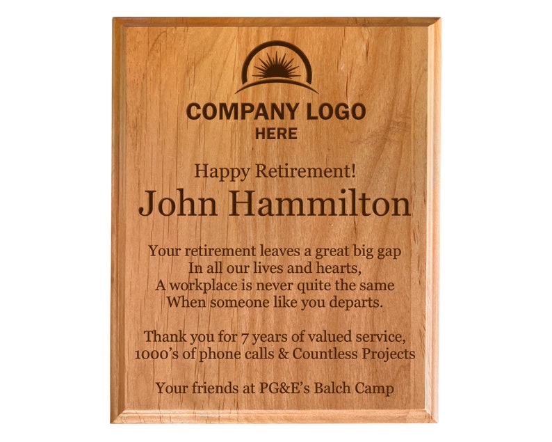 Customized Red Alder Retirement Plaque, Wooden Corporate Achievement ...